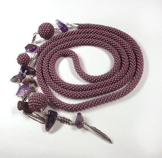 Purple Beads Crochet Rope Necklace Lariat With Amethyst Beads ,beaded ...